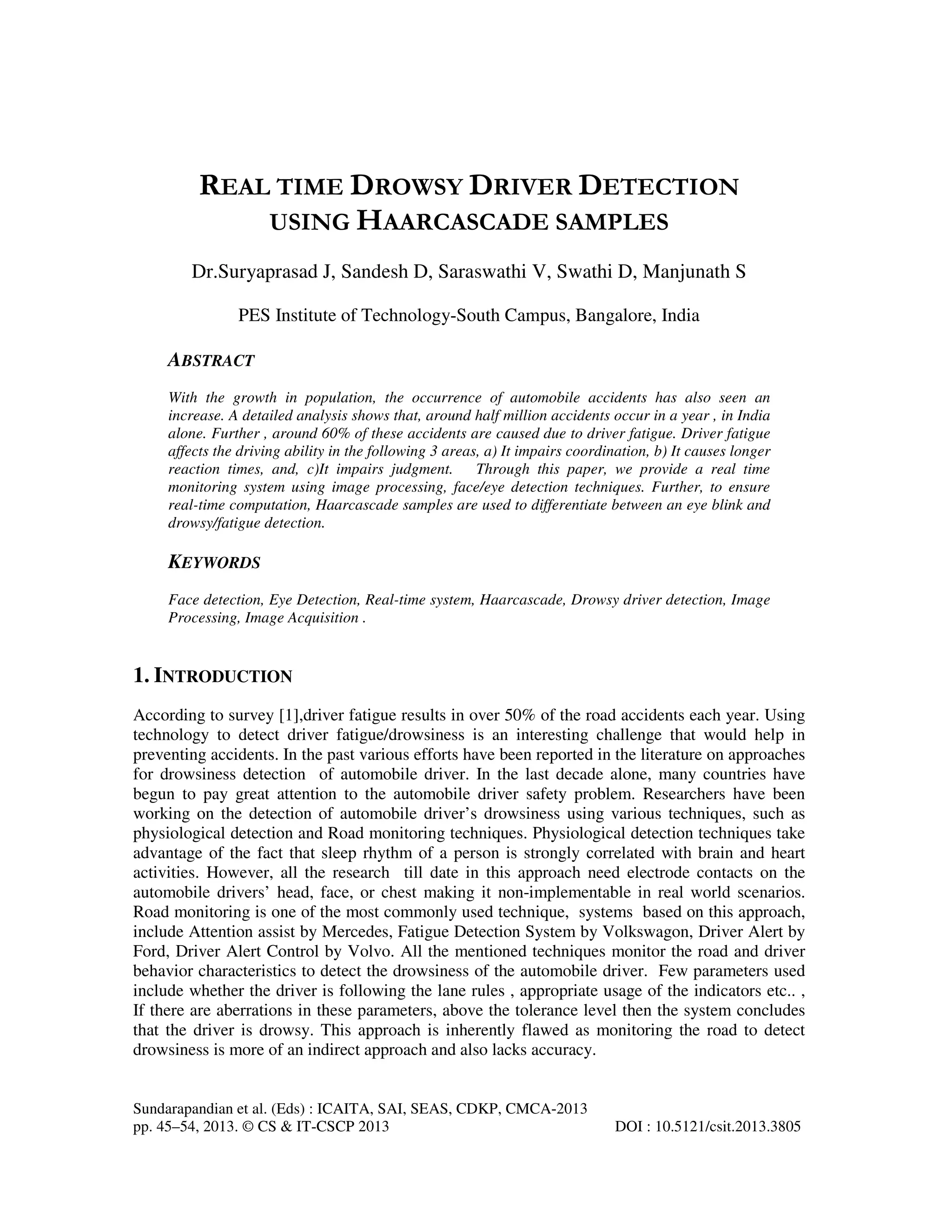 REAL TIME DROWSY DRIVER DETECTION USING HAARCASCADE SAMPLES | PDF