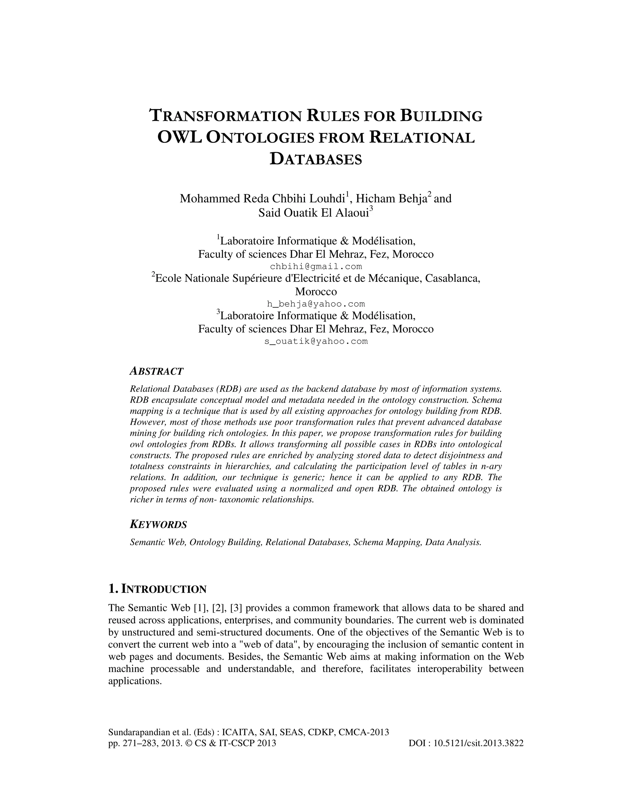 TRANSFORMATION RULES FOR BUILDING OWL ONTOLOGIES FROM RELATIONAL DATABASES | PDF