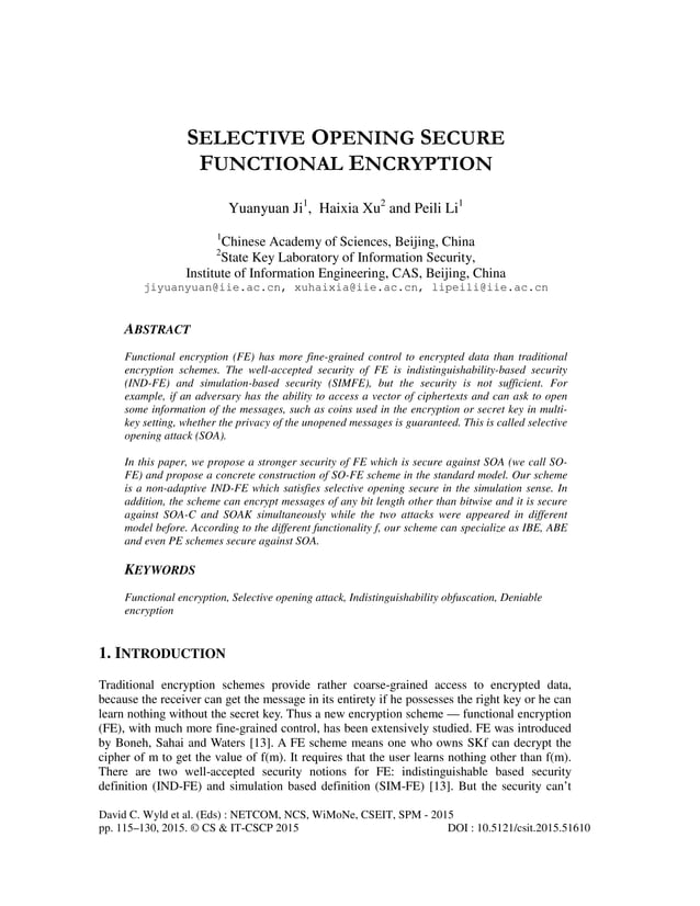 Selective Opening Secure Functional Encryption | PDF