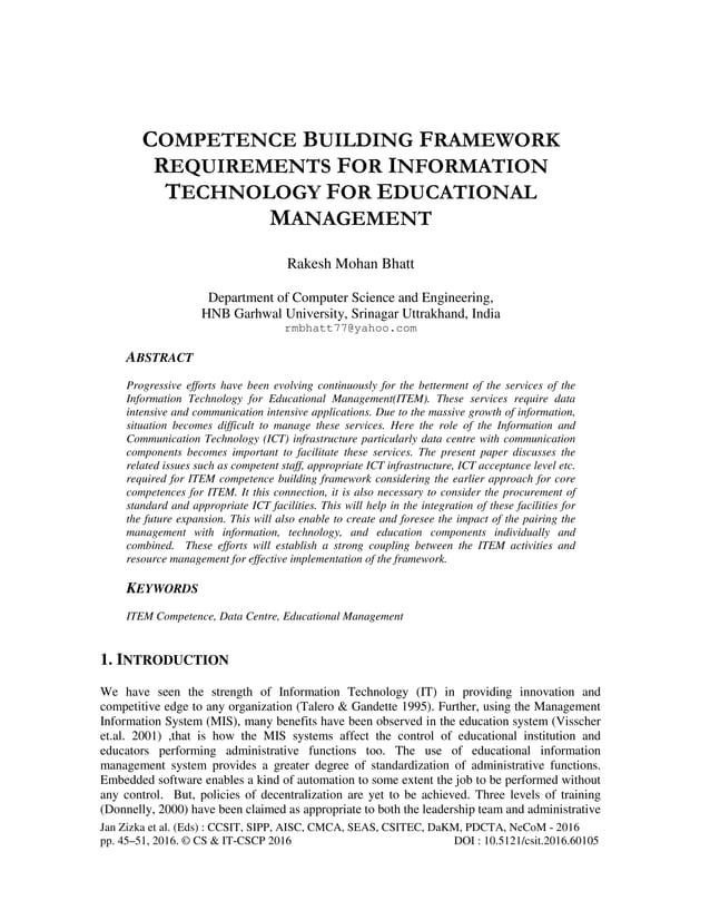 COMPETENCE BUILDING FRAMEWORK REQUIREMENTS FOR INFORMATION TECHNOLOGY FOR EDUCATIONAL MANAGEMENT ...