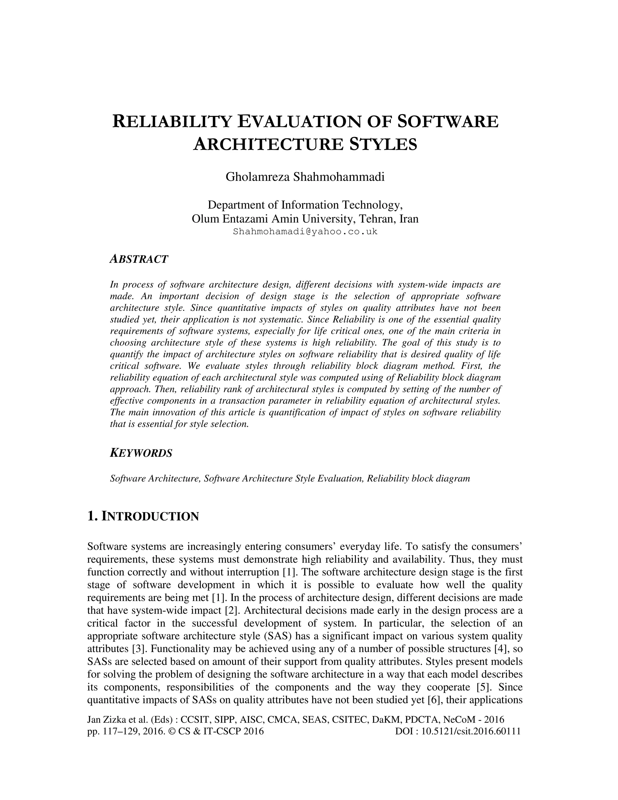 RELIABILITY EVALUATION OF SOFTWARE ARCHITECTURE STYLES | PDF