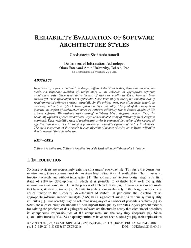 Reliability Evaluation Of Software Architecture Styles Pdf