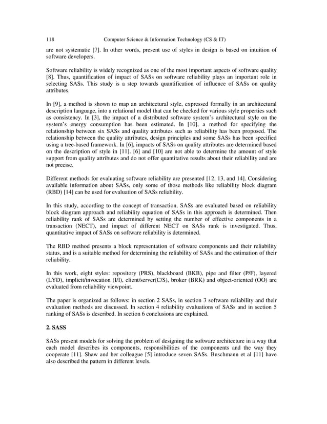 RELIABILITY EVALUATION OF SOFTWARE ARCHITECTURE STYLES | PDF