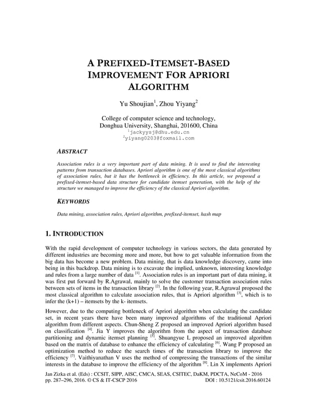 A PREFIXED-ITEMSET-BASED IMPROVEMENT FOR APRIORI ALGORITHM | PDF
