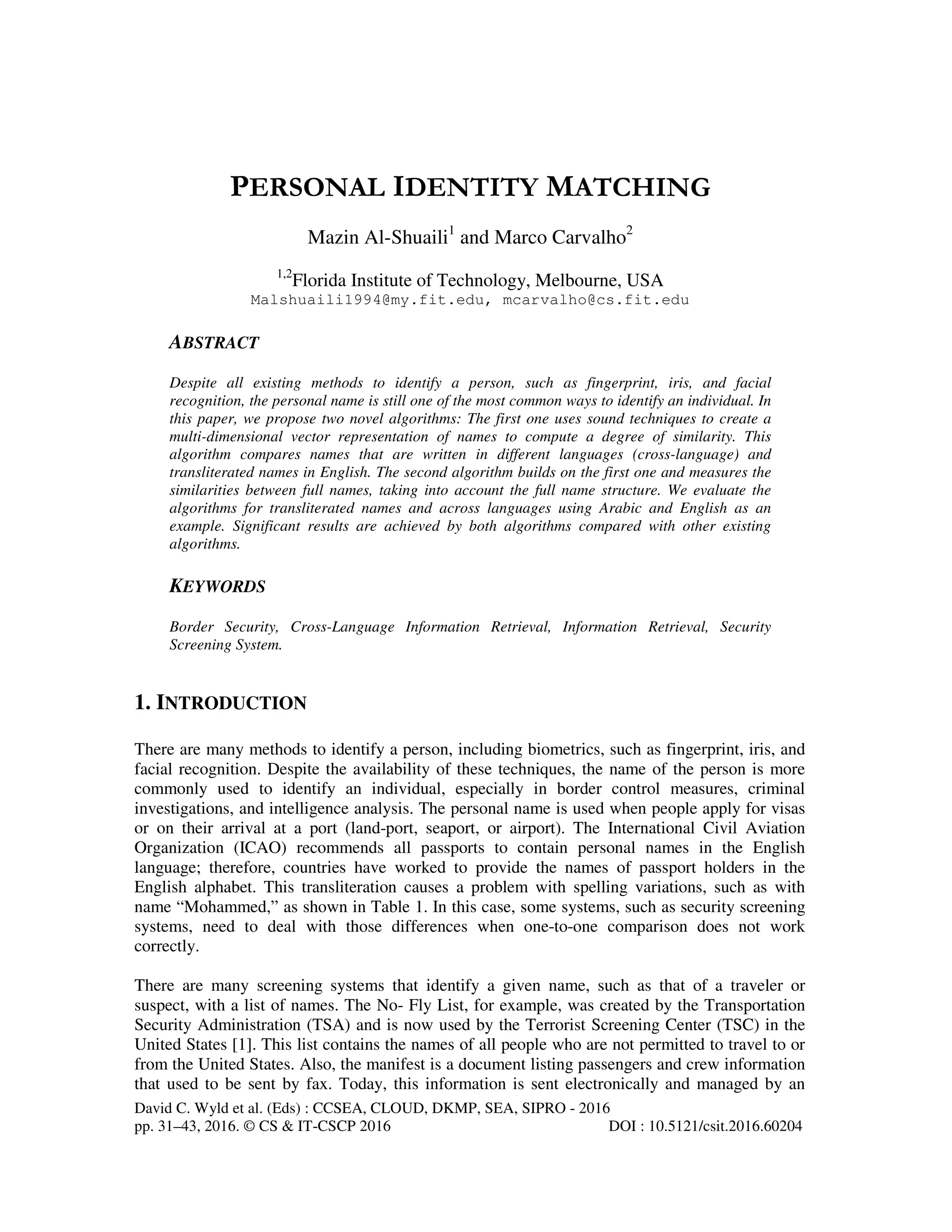 PERSONAL IDENTITY MATCHING | PDF