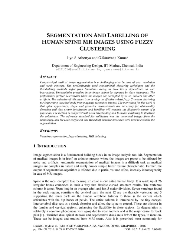 SEGMENTATION AND LABELLING OF HUMAN SPINE MR IMAGES USING FUZZY CLUSTERING | PDF
