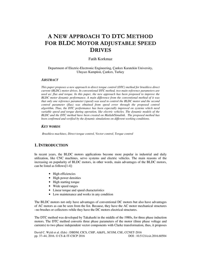 A NEW APPROACH TO DTC METHOD FOR BLDC MOTOR ADJUSTABLE SPEED DRIVES | PDF