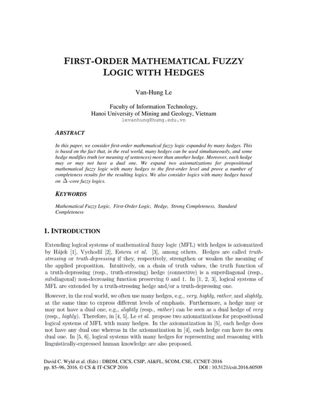 FIRST-ORDER MATHEMATICAL FUZZY LOGIC WITH HEDGES | PDF