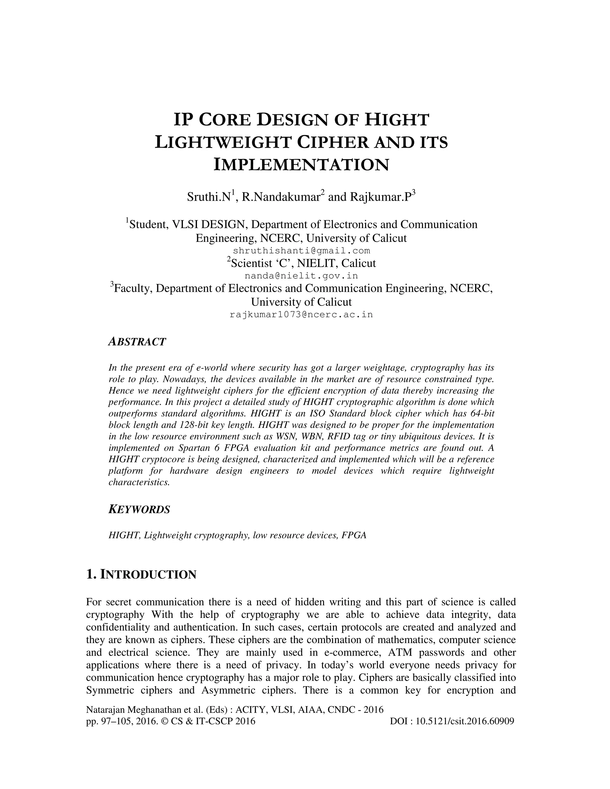 IP CORE DESIGN OF HIGHT LIGHTWEIGHT CIPHER AND ITS IMPLEMENTATION | PDF