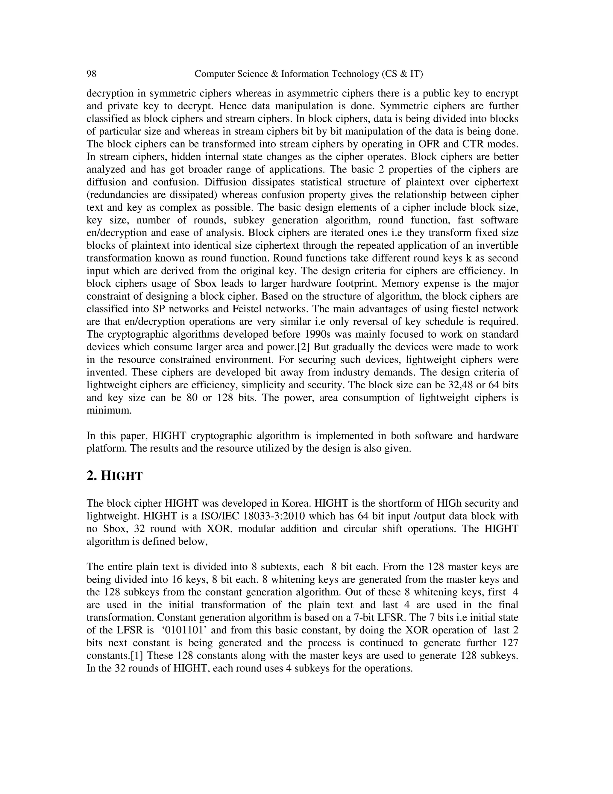 IP CORE DESIGN OF HIGHT LIGHTWEIGHT CIPHER AND ITS IMPLEMENTATION | PDF