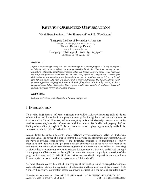 RETURN ORIENTED OBFUSCATION | PDF