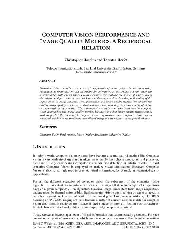 Computer Vision Performance And Image Quality Metrics A Reciprocal Relation Pdf