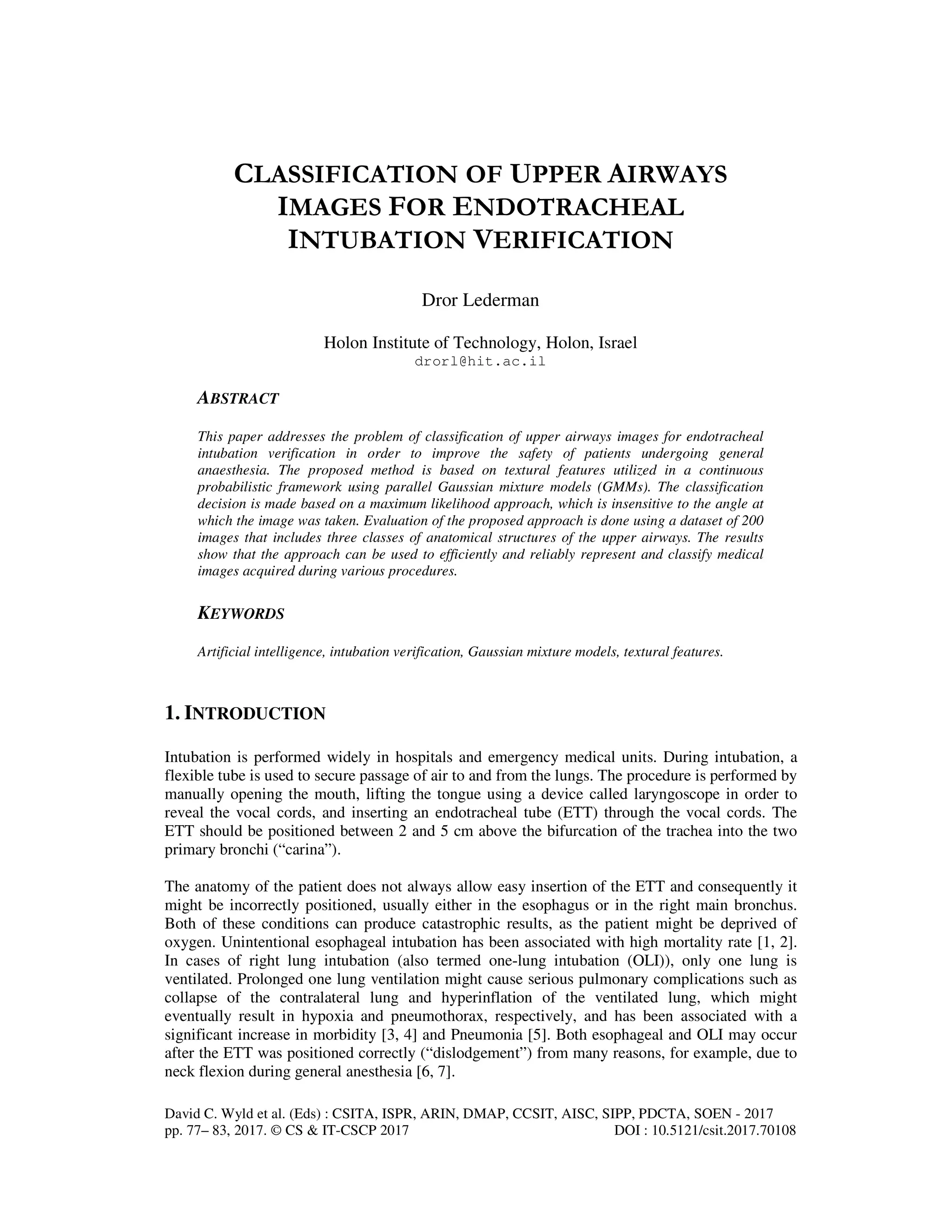 Classification of Upper Airways Images for Endotracheal Intubation ...