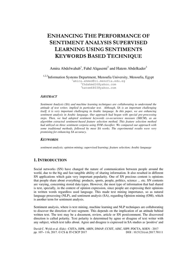 Enhancing the Performance of Sentiment Analysis Supervised Learning Using Sentiments Keywords ...