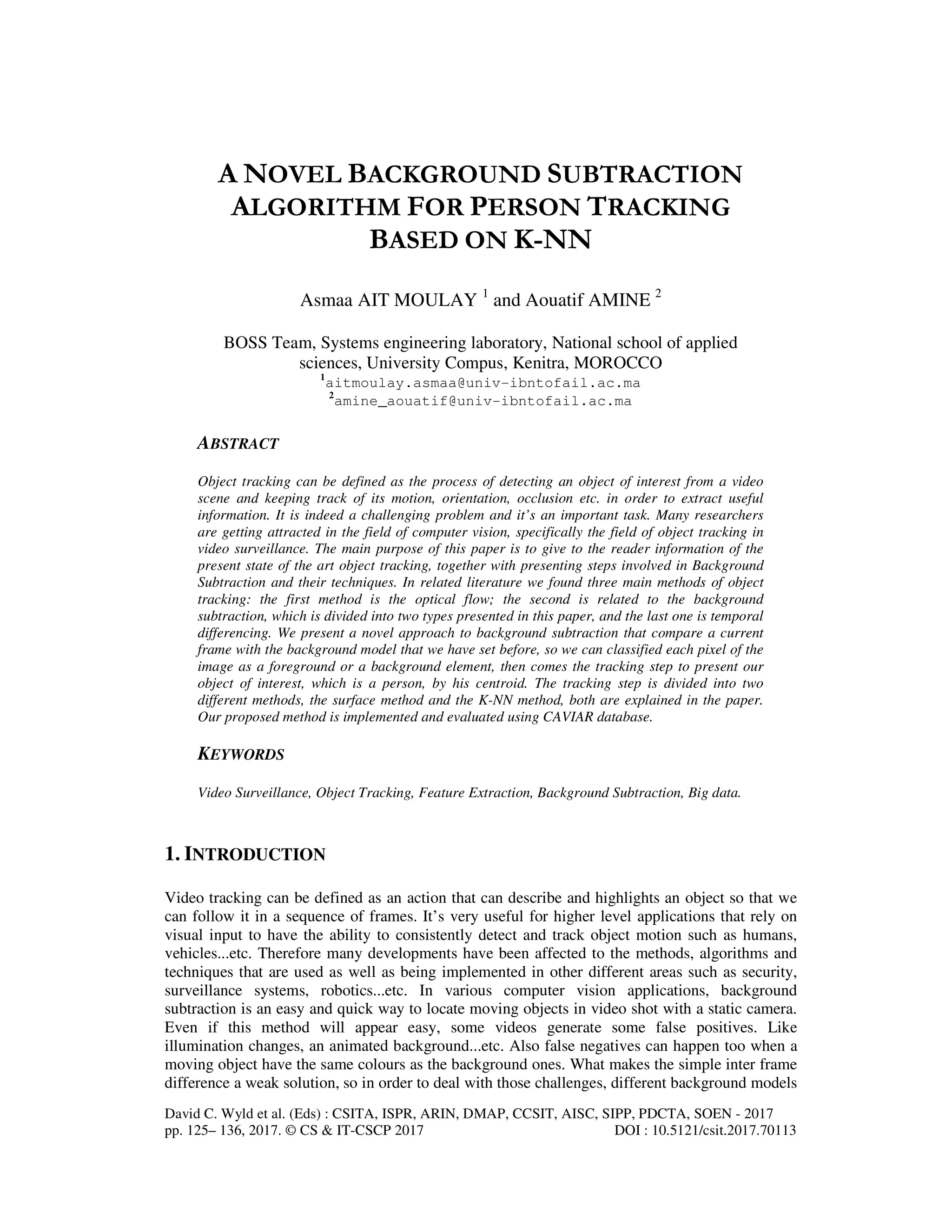 A Novel Background Subtraction Algorithm For Person Tracking Based On K Nn Pdf