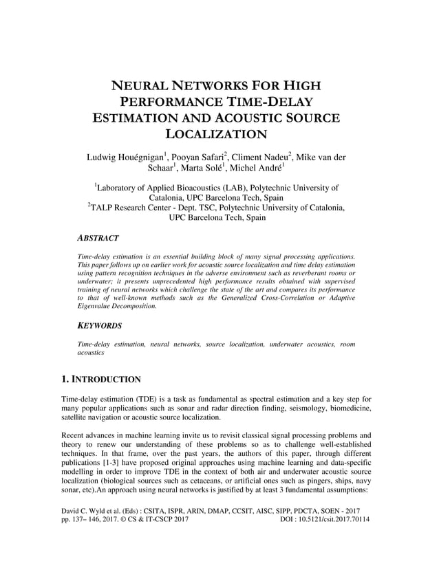 Neural Networks for High Performance Time-Delay Estimation and Acoustic Source Localization | PDF