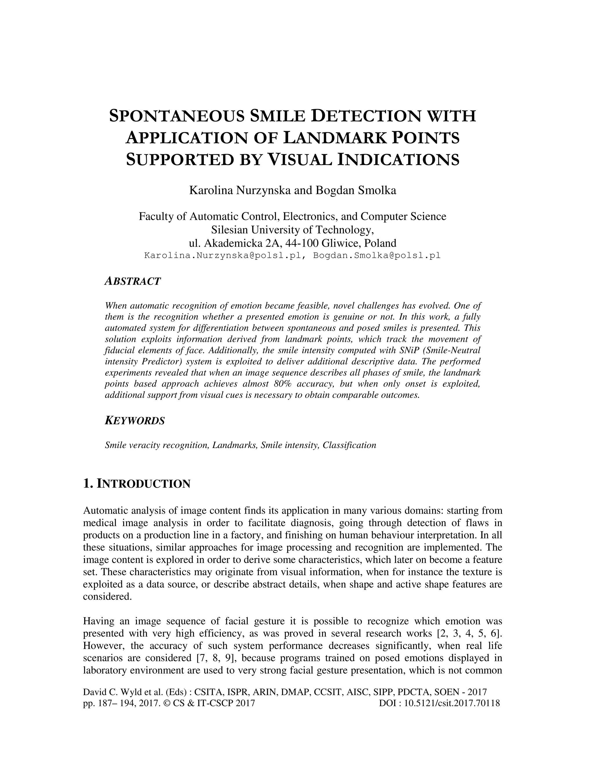SPONTANEOUS SMILE DETECTION WITH APPLICATION OF LANDMARK POINTS ...
