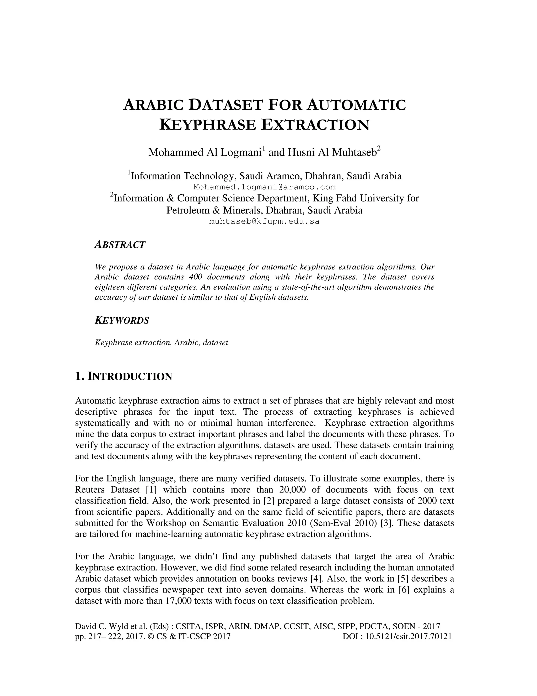 Arabic Dataset For Automatic Keyphrase Extraction Pdf
