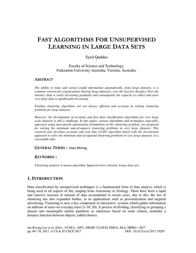 FAST ALGORITHMS FOR UNSUPERVISED LEARNING IN LARGE DATA SETS | PDF