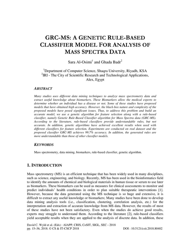 GRC-MS: A GENETIC RULE-BASED CLASSIFIER MODEL FOR ANALYSIS OF MASS SPECTRA DATA | PDF