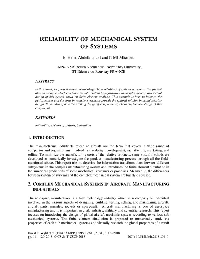 RELIABILITY OF MECHANICAL SYSTEM OF SYSTEMS | PDF