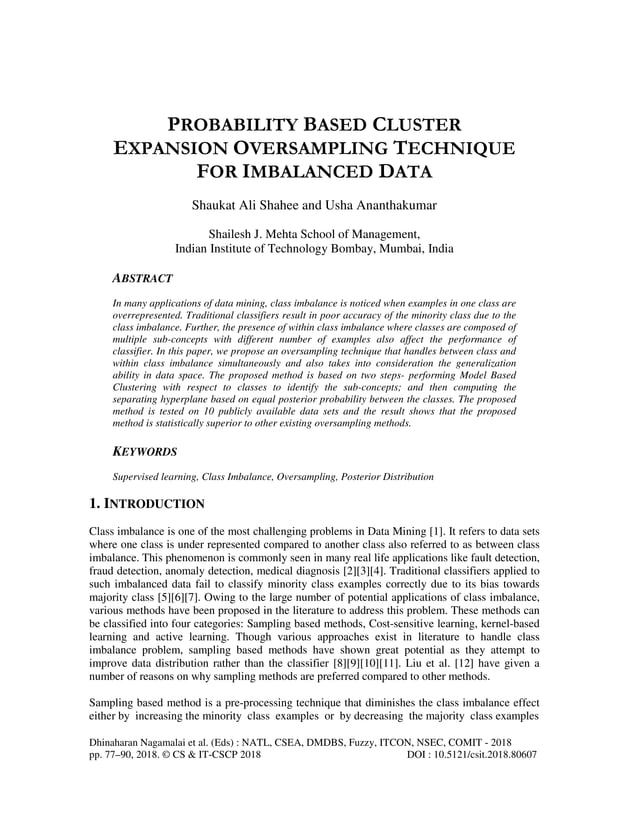 PROBABILITY BASED CLUSTER EXPANSION OVERSAMPLING TECHNIQUE FOR IMBALANCED DATA | PDF