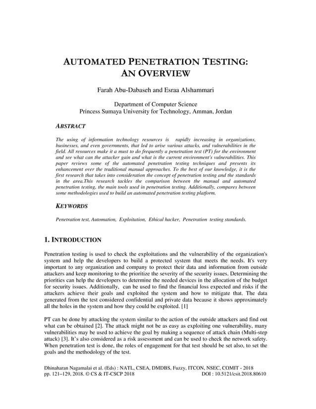 AUTOMATED PENETRATION TESTING: AN OVERVIEW | PDF