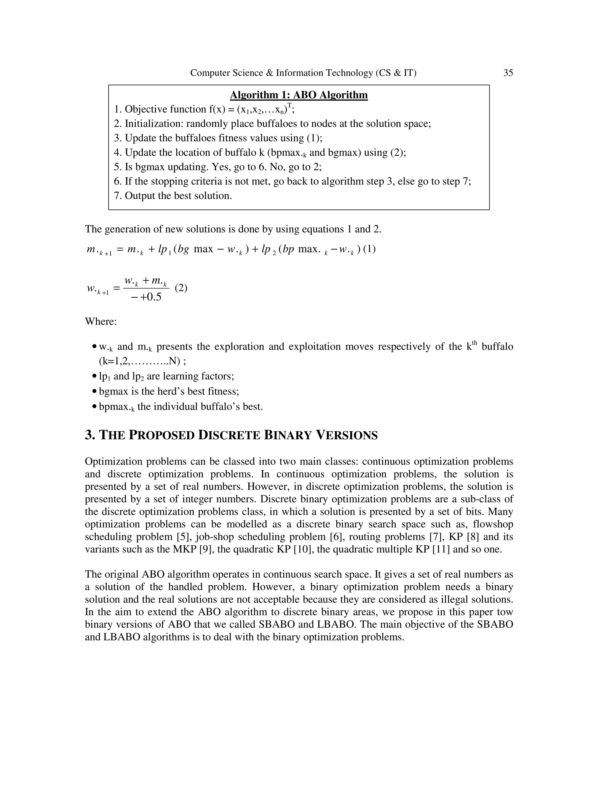 TWO DISCRETE BINARY VERSIONS OF AFRICAN BUFFALO OPTIMIZATION METAHEURISTIC | PDF