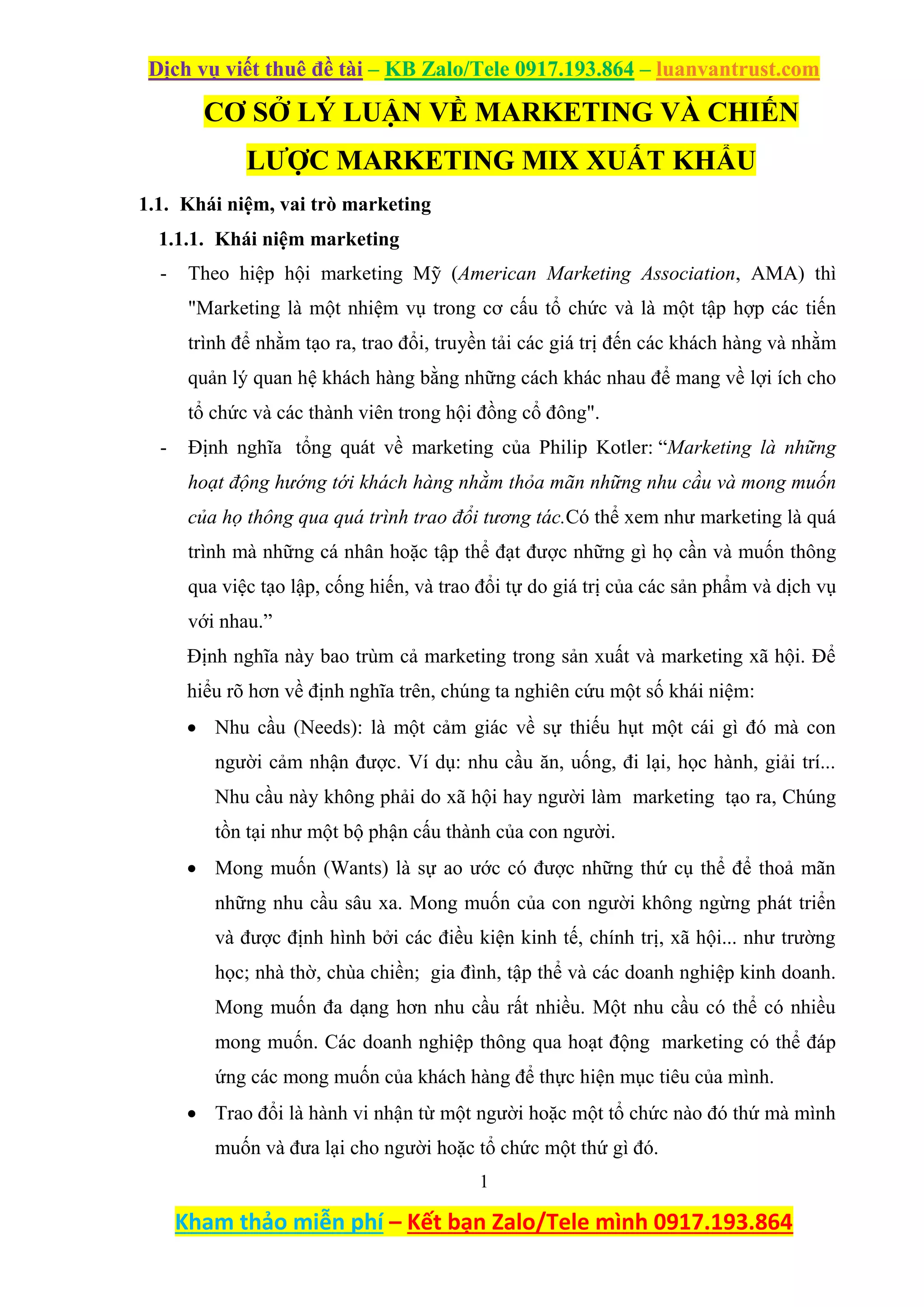 Cơ sở lý luận về marketing và chiến lược marketing mix xuất khẩu.doc