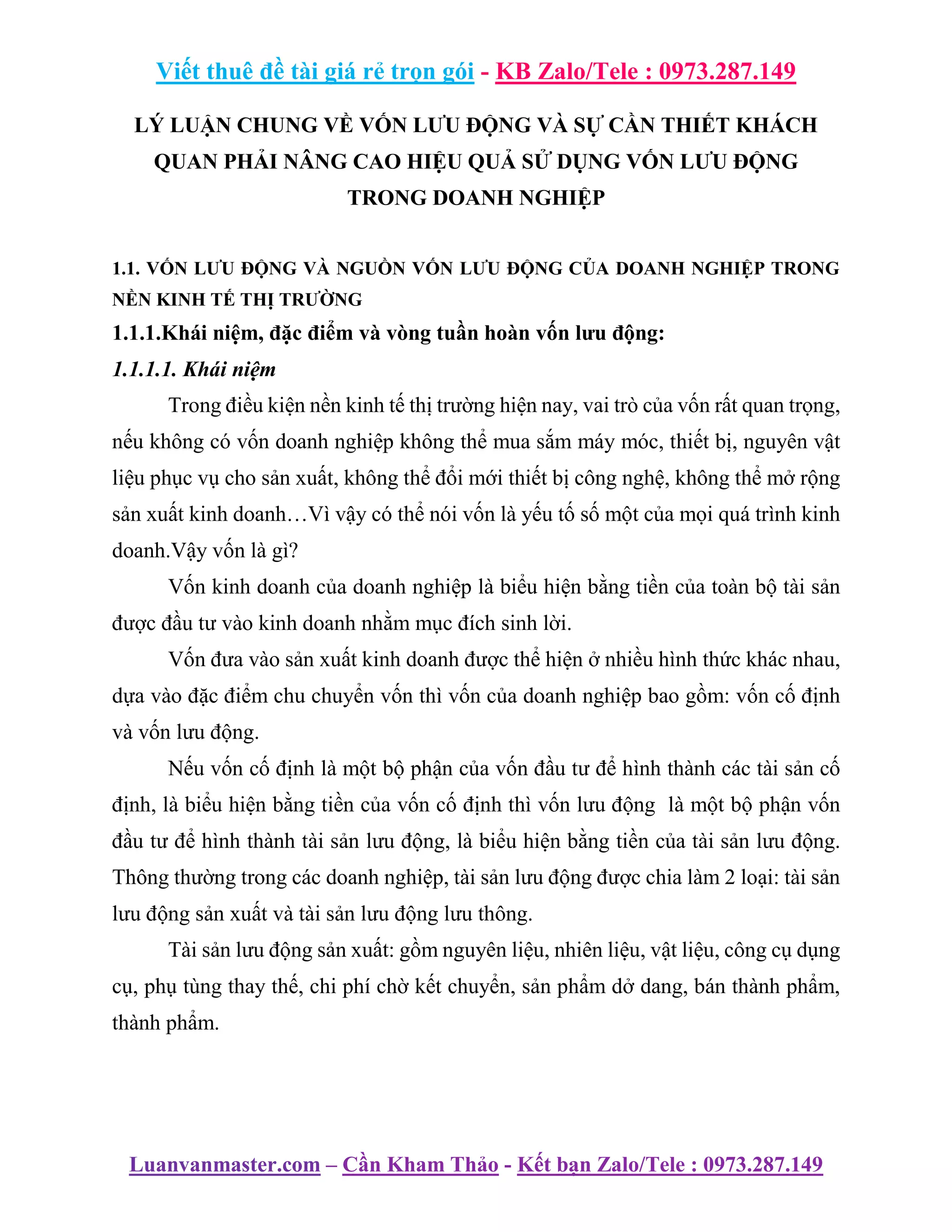 Cơ sở lý luận về vốn lưu động và sự cần thiết khách quan phải nâng cao hiệu quả sử dụng vốn lưu ...