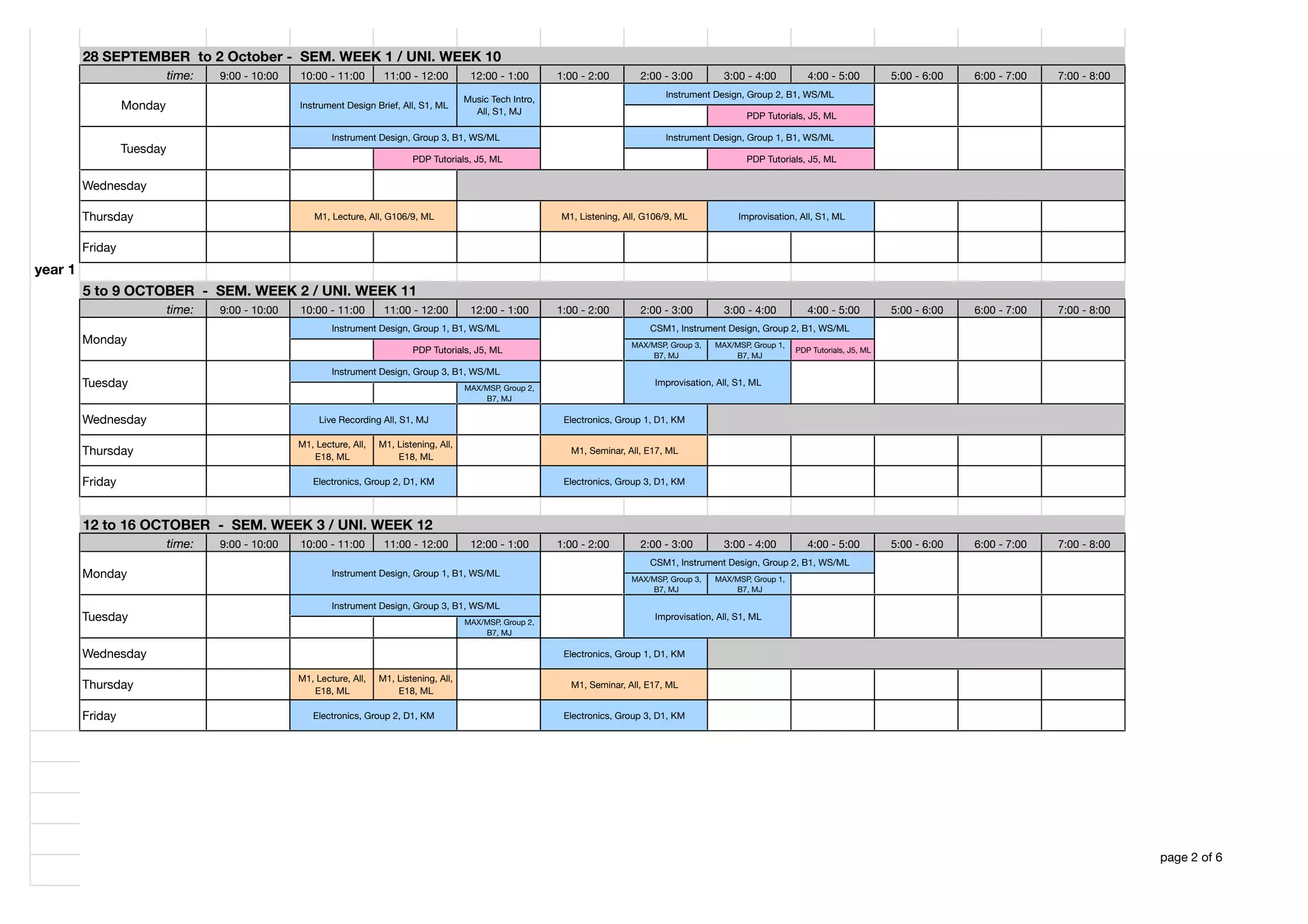 Creative Sound and Music Timetable Semester 1 | PDF