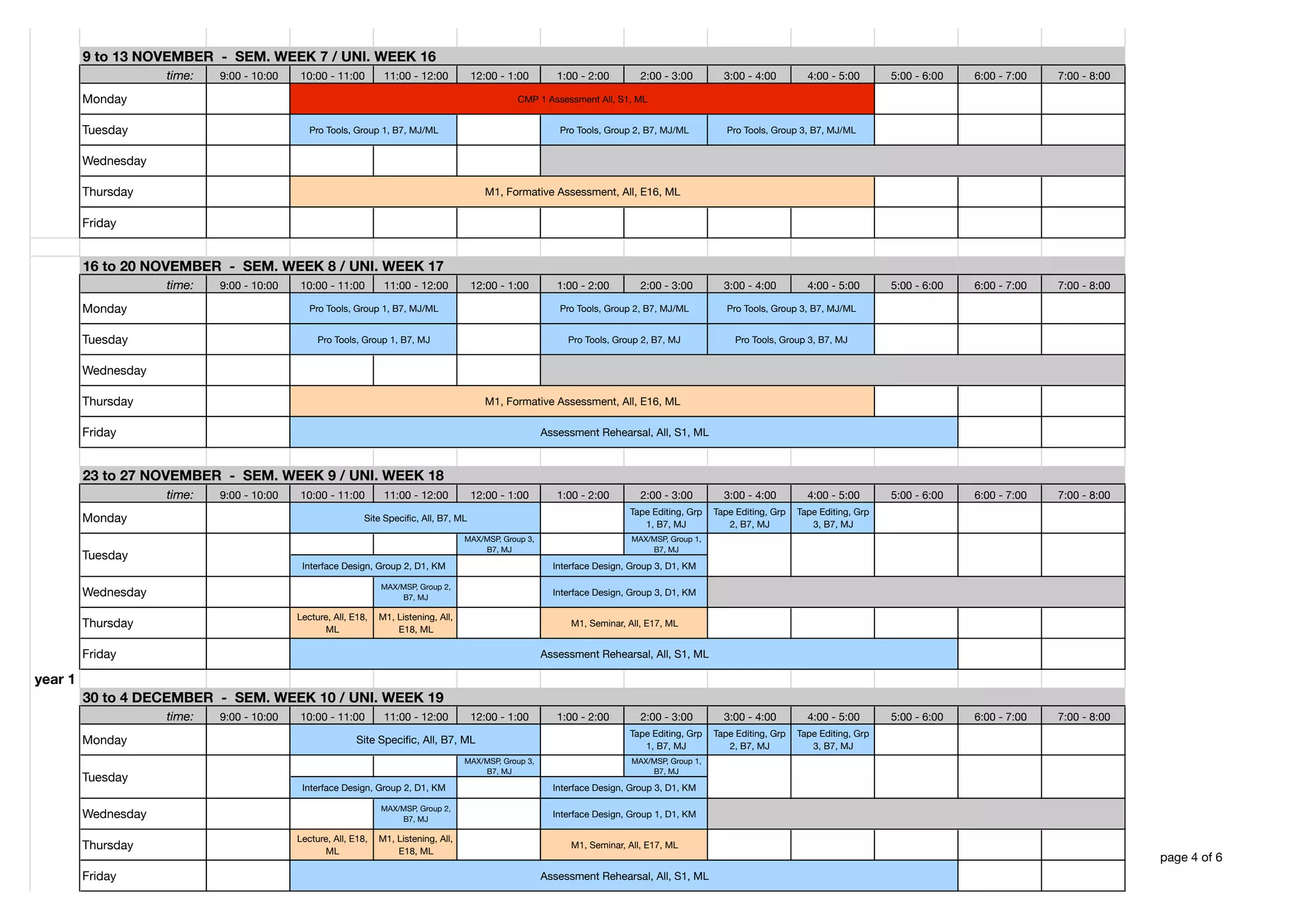 Creative Sound and Music Timetable Semester 1 | PDF