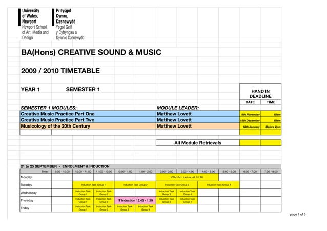 Creative Sound and Music Timetable Semester 1 | PPT
