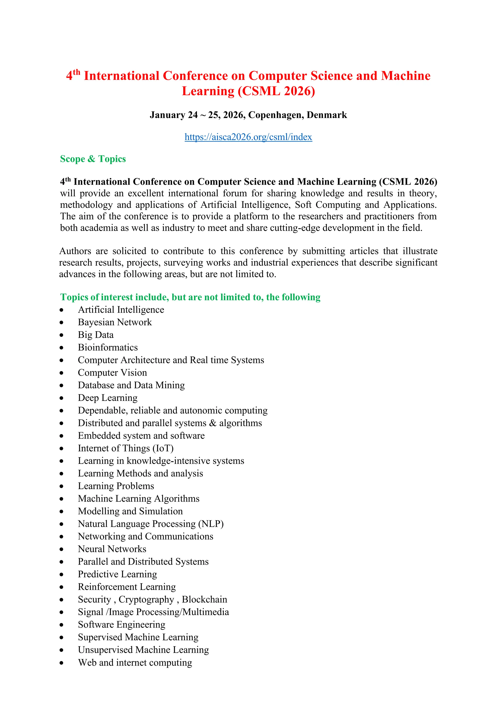 4th International Conference on Computer Science and Machine Learning ...