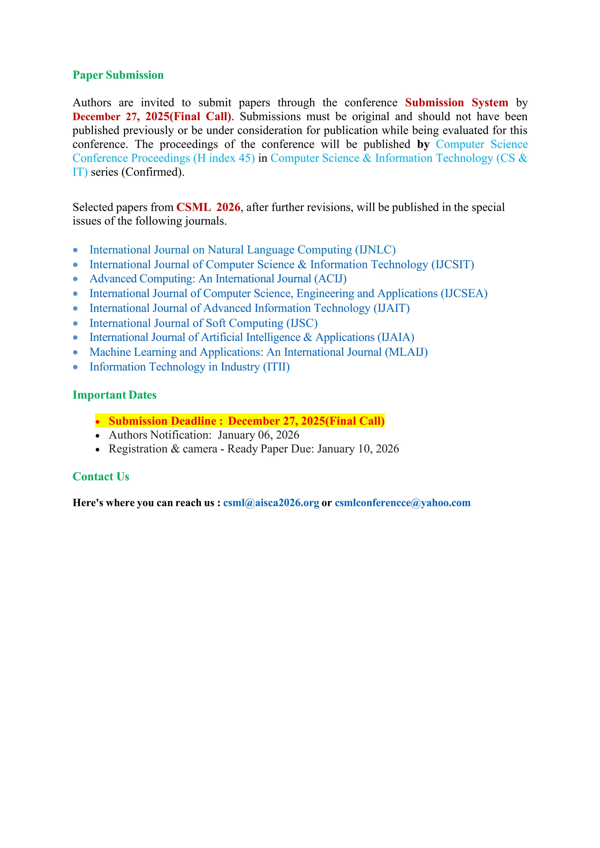 4th International Conference on Computer Science and Machine Learning ...