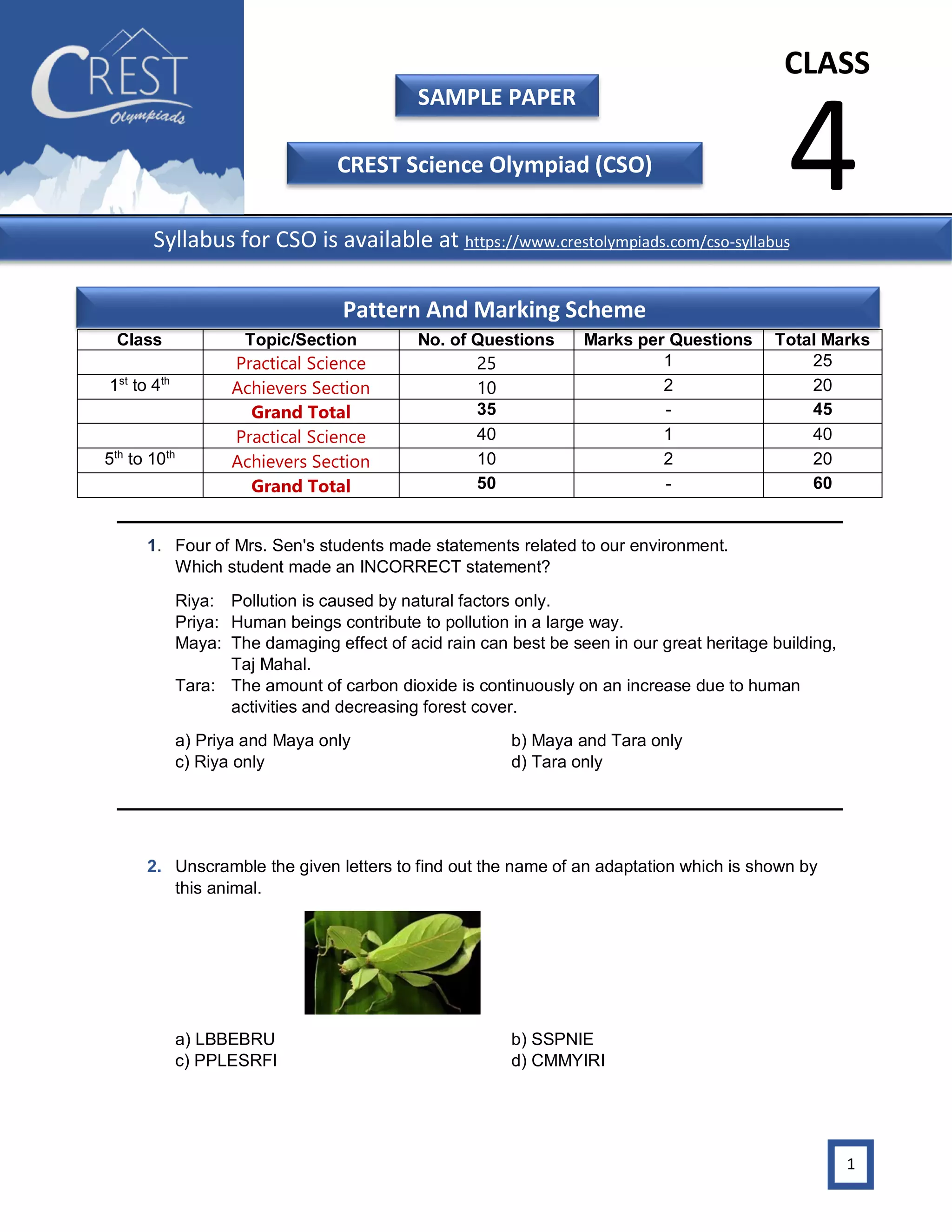 Cso sample-papers-for-class-4 | PDF