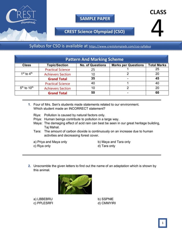 Cso sample-papers-for-class-4 | PDF