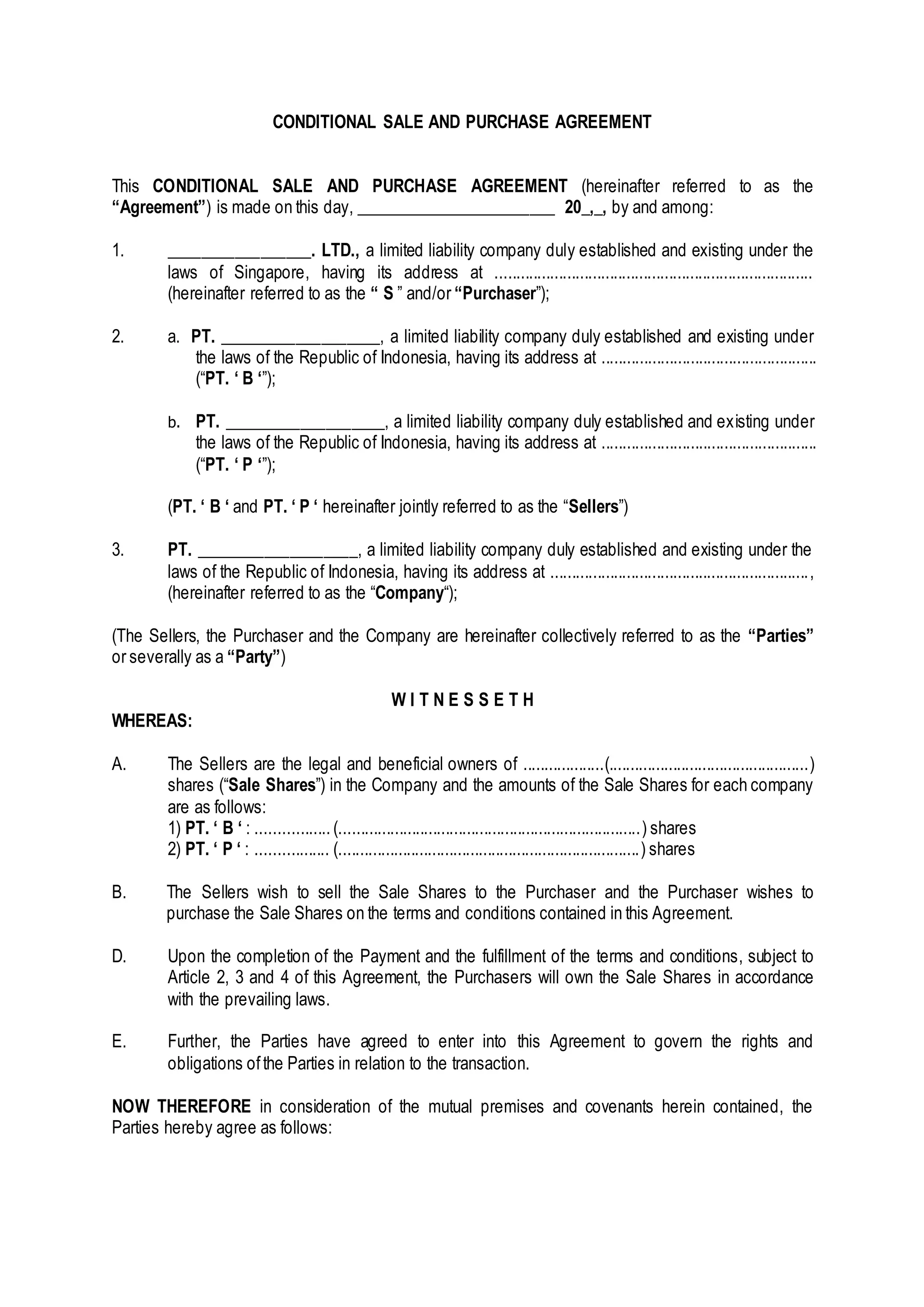 Conditional Sale and Purchase Agreement / Contract (Purchase this doc ...