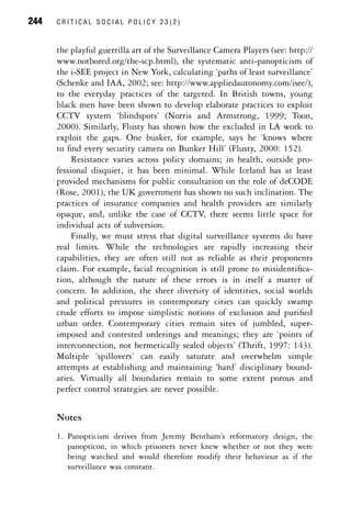 Graham, Stephen, and David Wood. "Digitizing surveillance ...