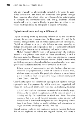 Graham, Stephen, and David Wood. "Digitizing surveillance ...