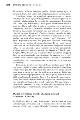 Graham, Stephen, and David Wood. "Digitizing surveillance ...