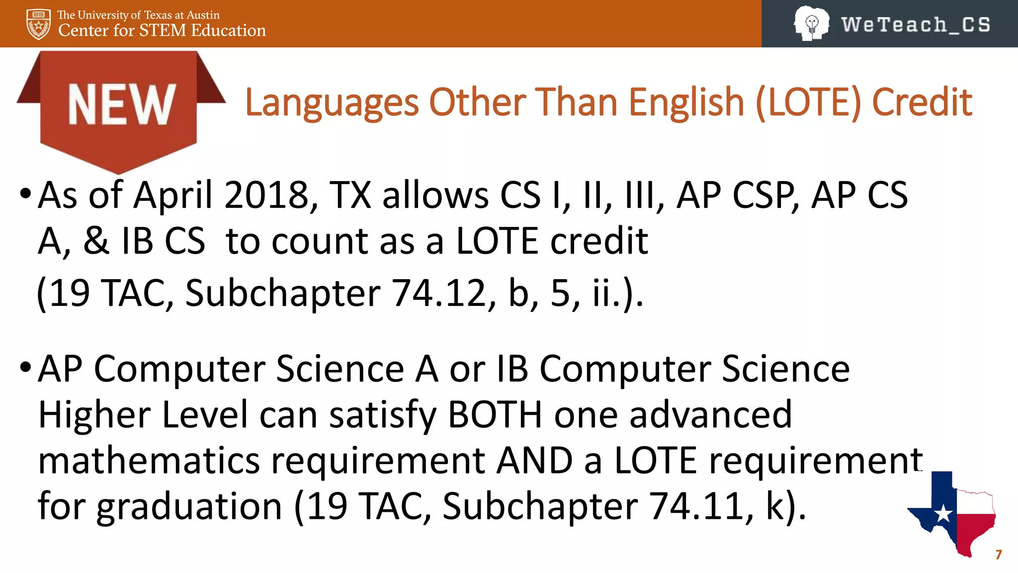 Texas K-12 Computer Science Education Policy | PPT