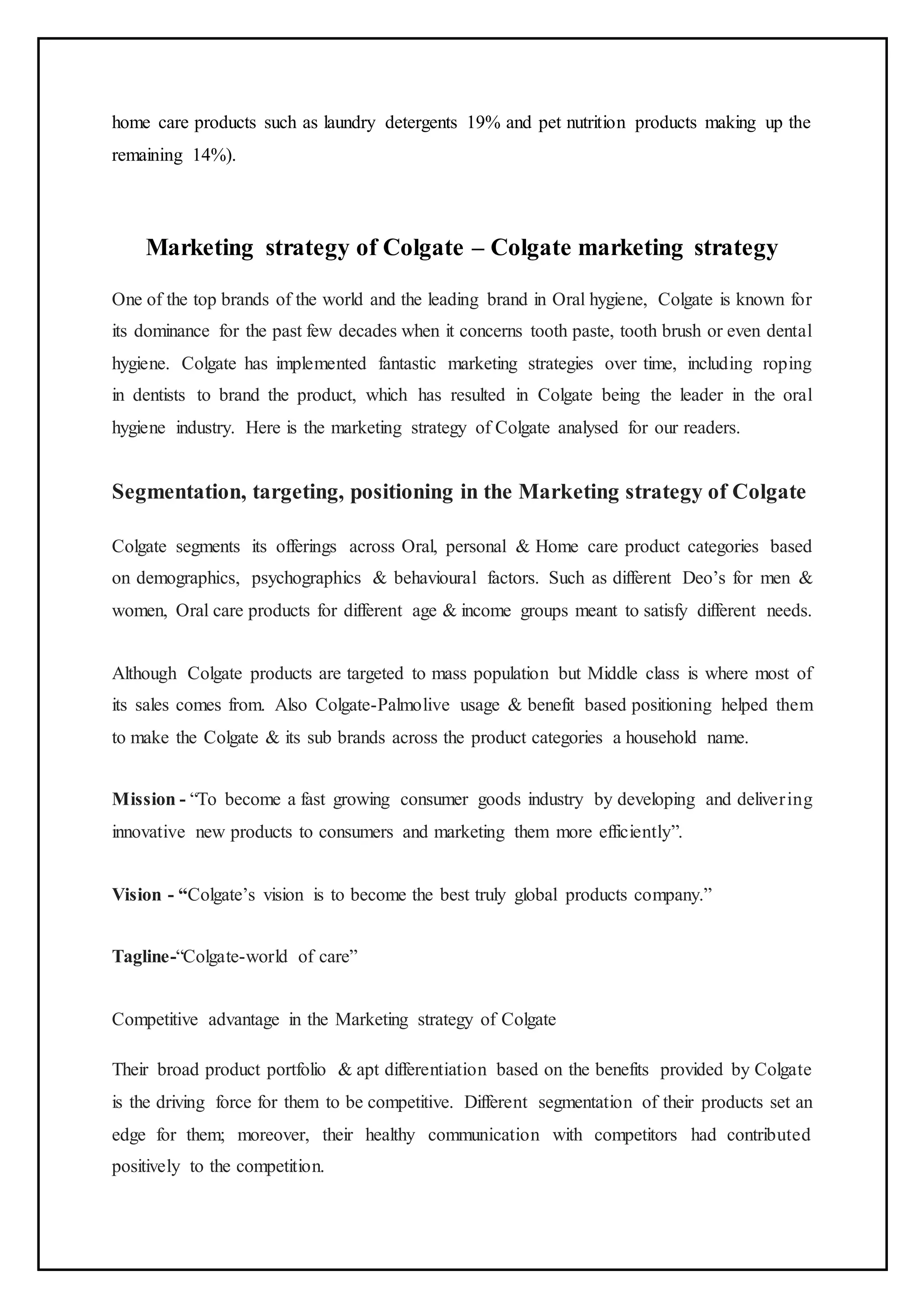 A comprehensive report on strategy analysis of Colgate. | DOCX