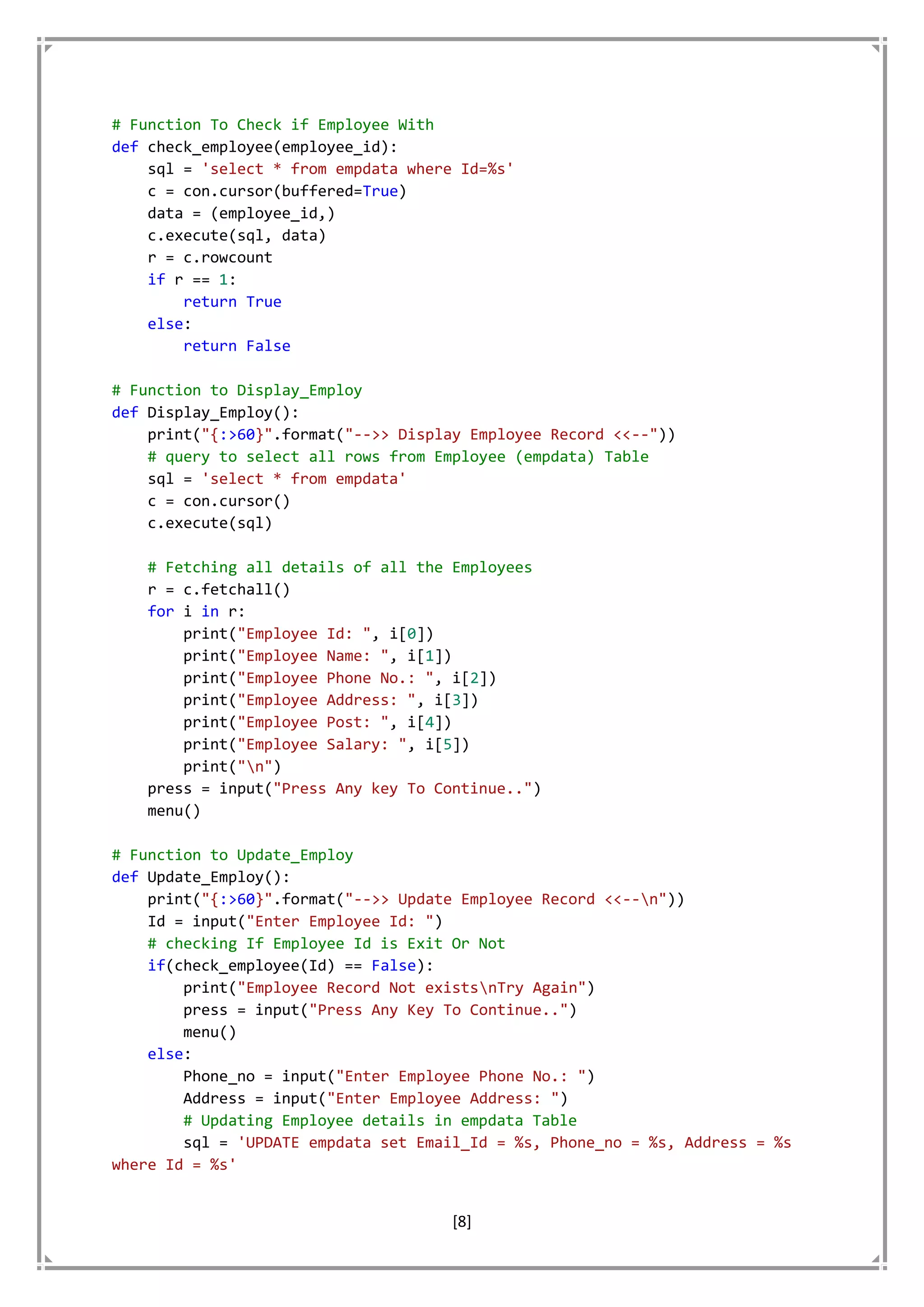 Employee Management (CS Project for 12th CBSE) | PDF