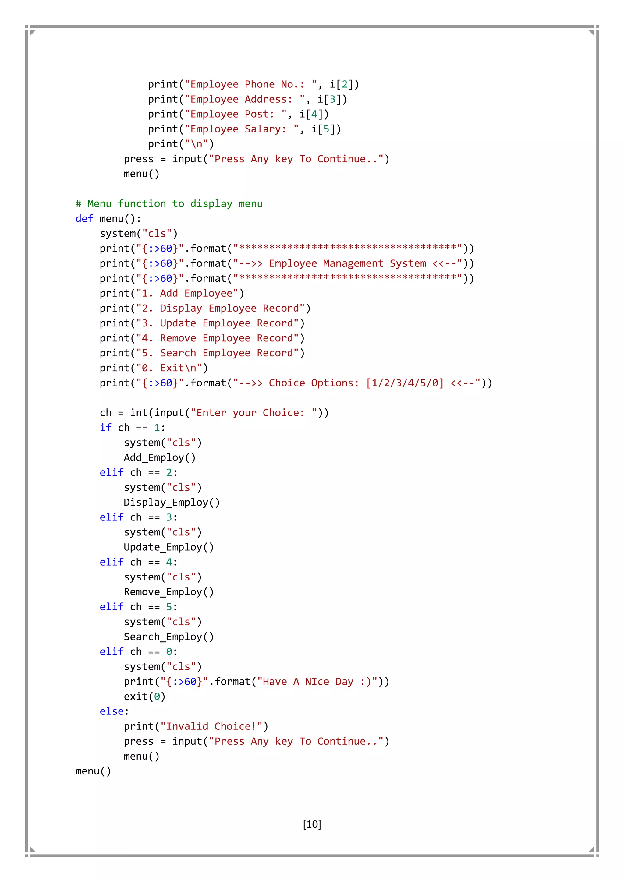 Employee Management (CS Project for 12th CBSE) | PDF