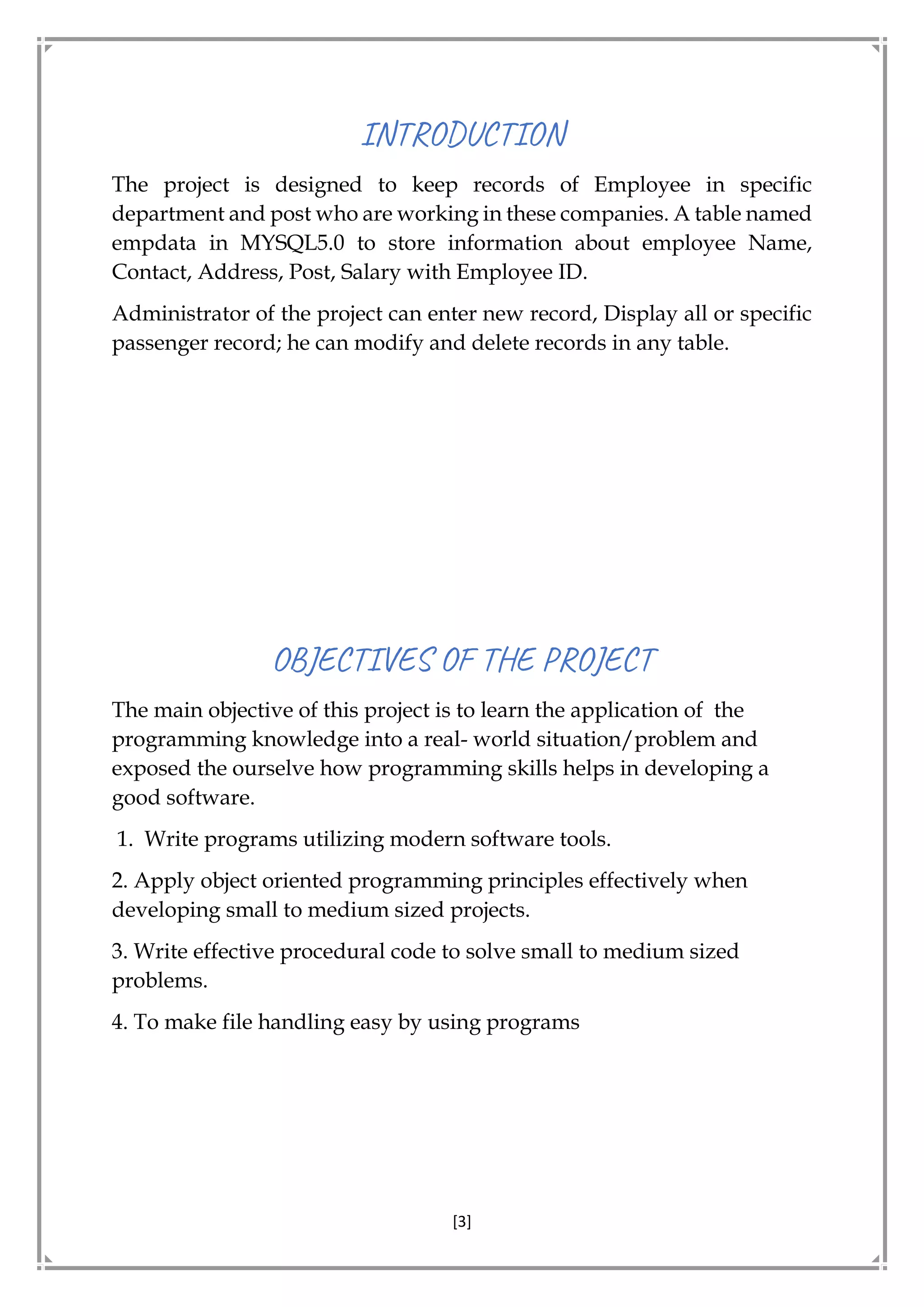 Employee Management (CS Project for 12th CBSE) | PDF