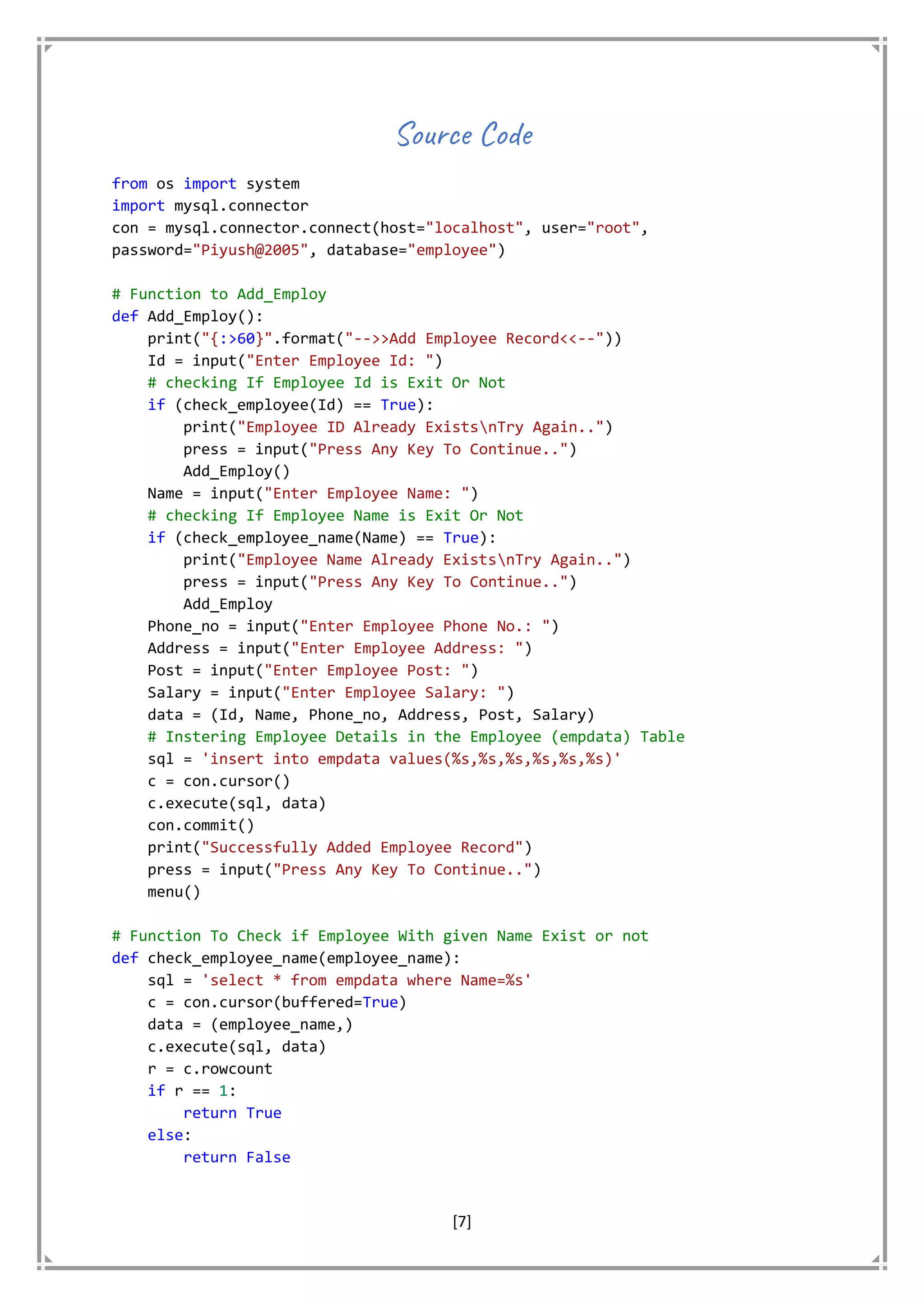 Employee Management (CS Project for 12th CBSE) | PDF