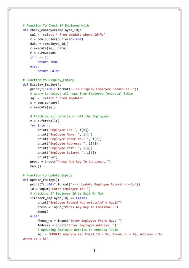 Employee Management (CS Project for 12th CBSE) | PDF