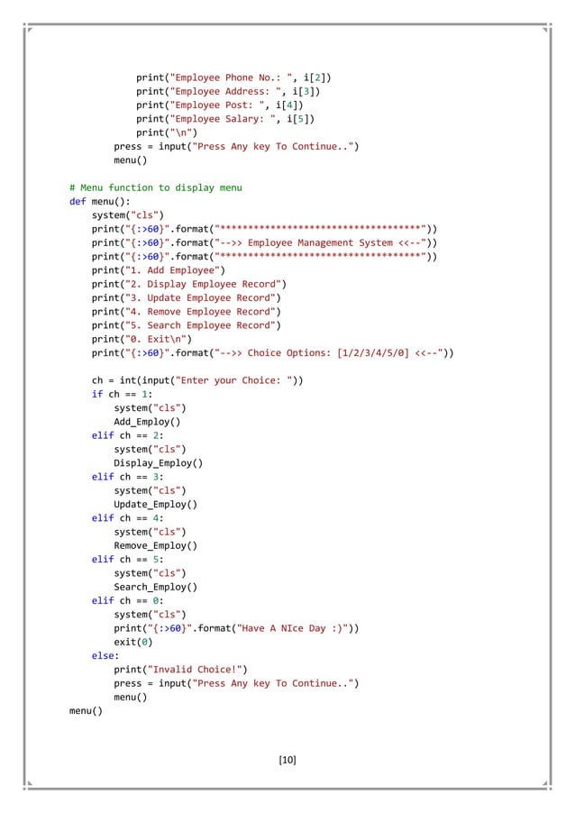 Employee Management (CS Project for 12th CBSE) | PDF