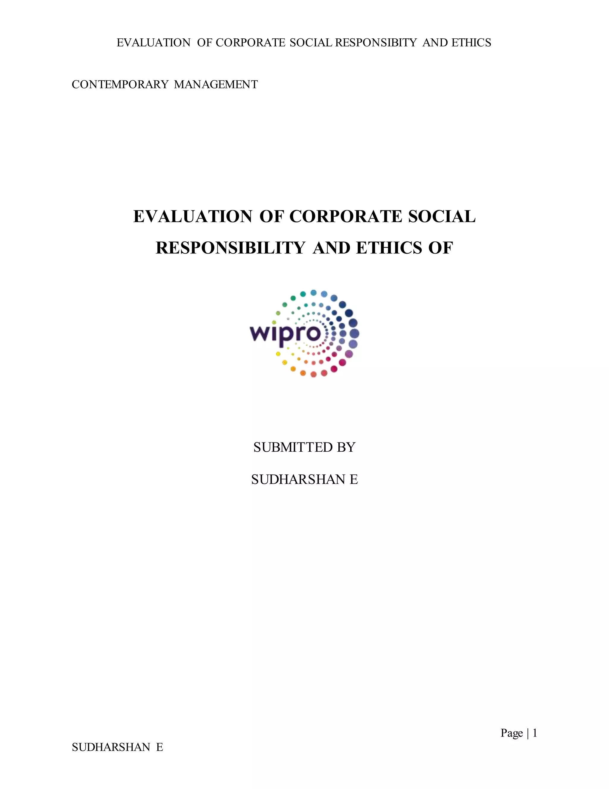 EVALUATION OF CORPORATE SOCIAL RESPONSIBILITY AND ETHICS OF WIPRO ...
